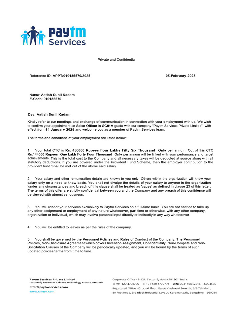 Paytm Services Employment Confirmation | PDF | Employment | Business