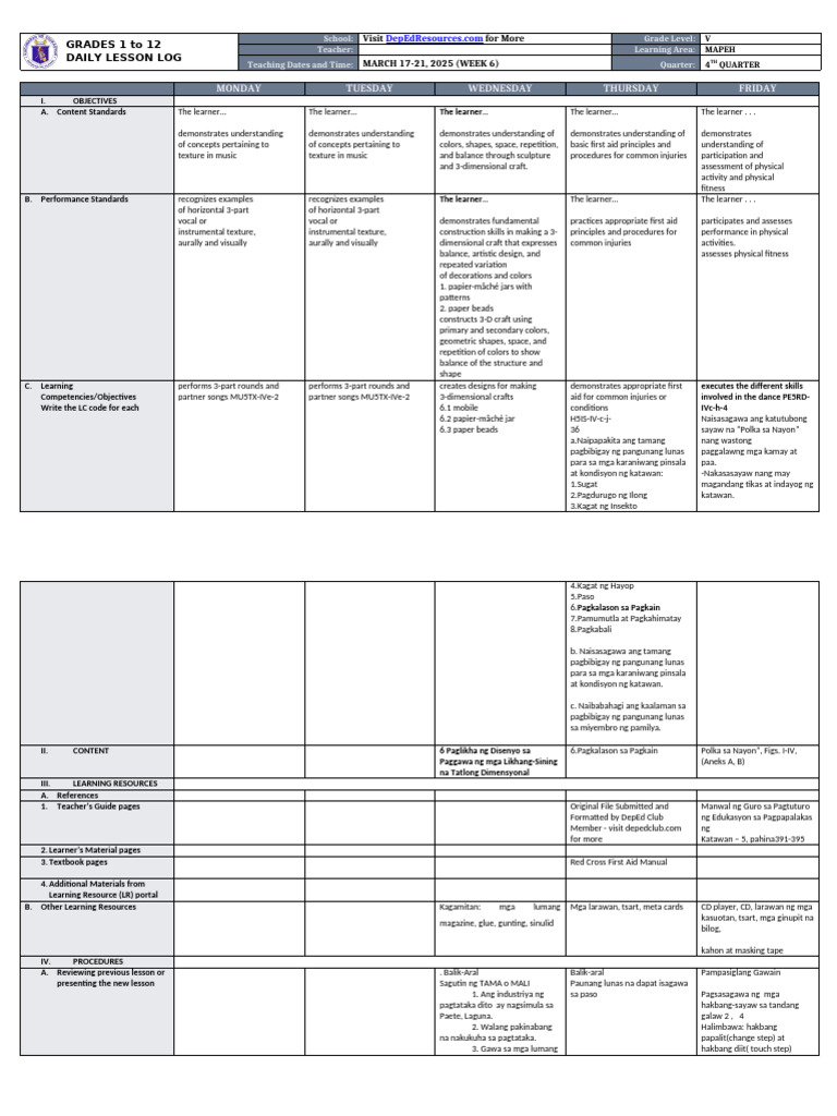 DLL_MAPEH 5_Q4_W6 | PDF