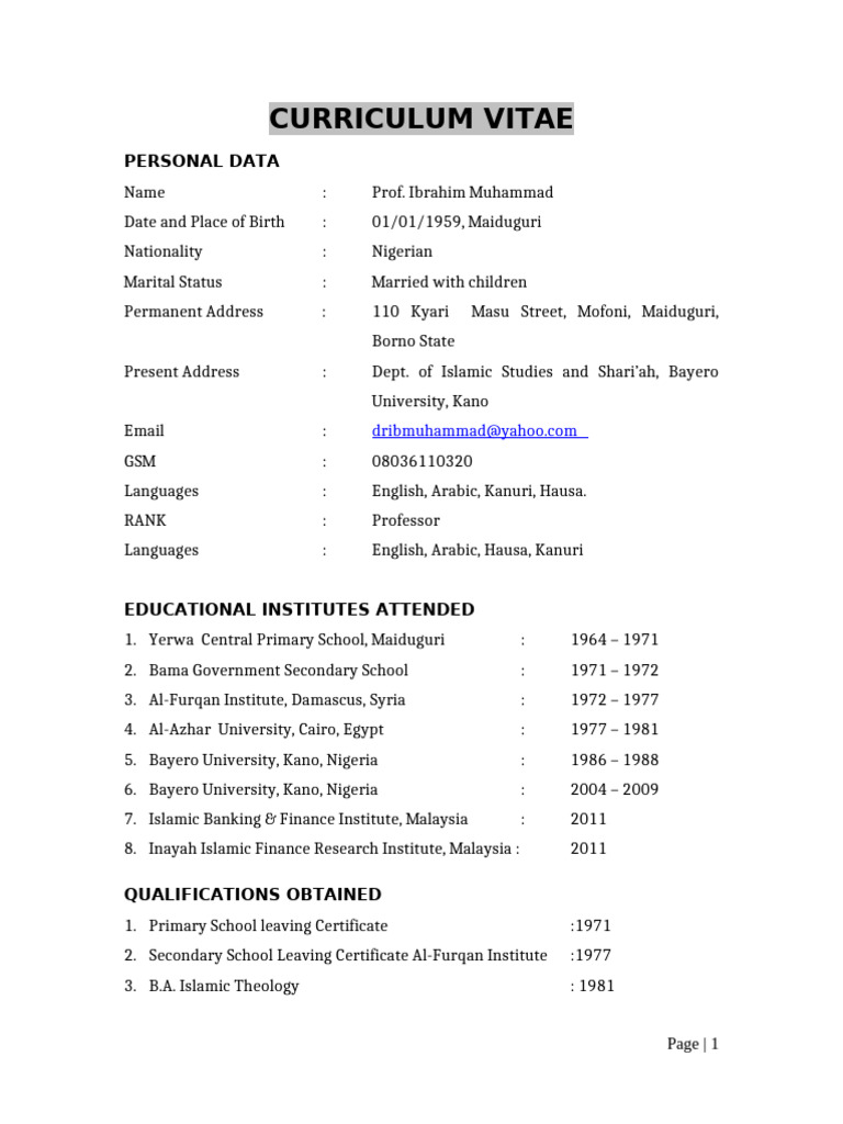 CV Prof Ibrahim February 2020 | PDF | Hadith | Sharia