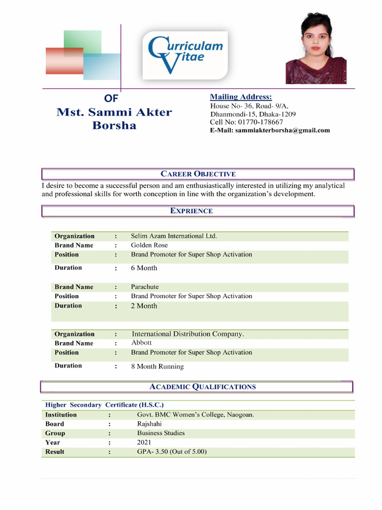 Mst Sammi Akter Borsha Cv | PDF