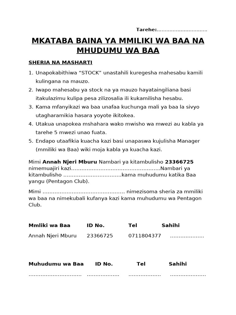 Mkataba Baina Ya Mmiliki Wa Baa Na Mhudumu Wa Baa | PDF