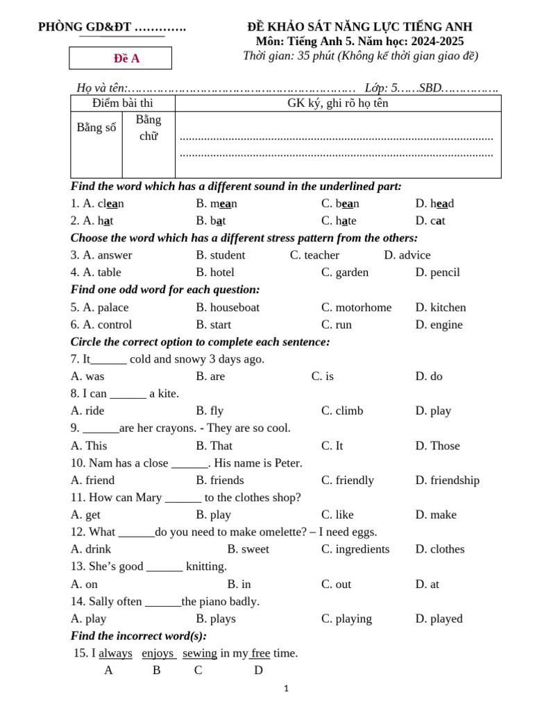 ĐỀ A - KHẢO SÁT - TA5 2024-2025 | PDF