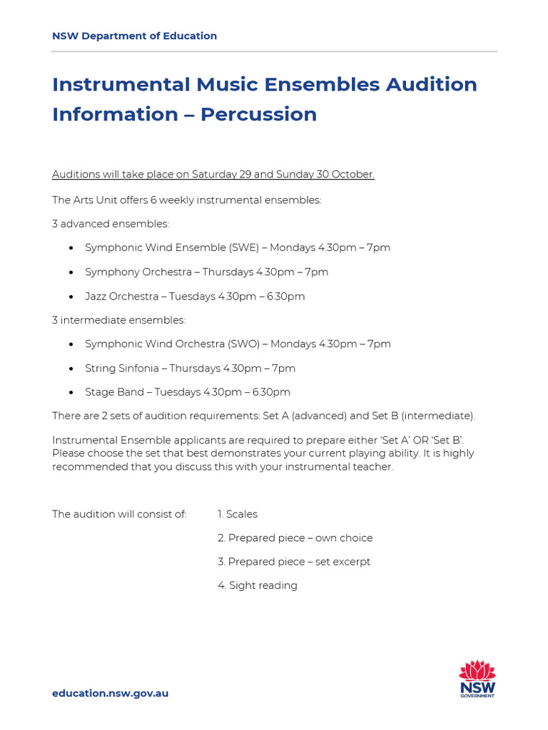 NSW Percussion Audition Info 2023 | PDF | Orchestras | Audition