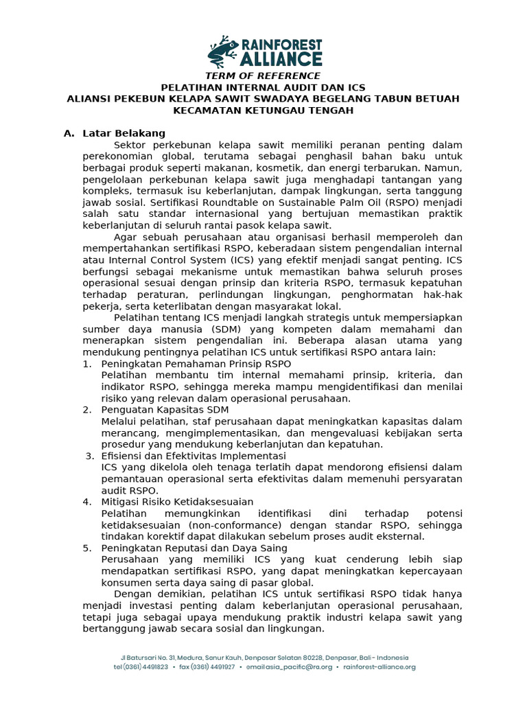 ToR Pelatihan Internal Audit Dan ICS | PDF