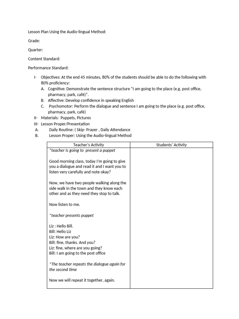 Lesson Plan Using The Audio Lingual Method | PDF | Cognition | Pedagogy