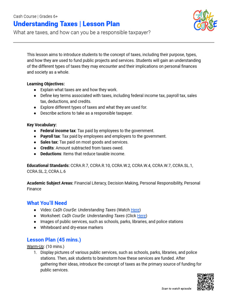 Understanding Taxes Lesson Plan | PDF | Taxes | Income Tax In The ...