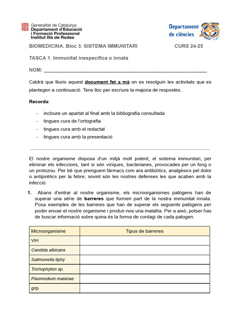 Tasca 1. Immunitat Inespecifica o Innata2 | PDF