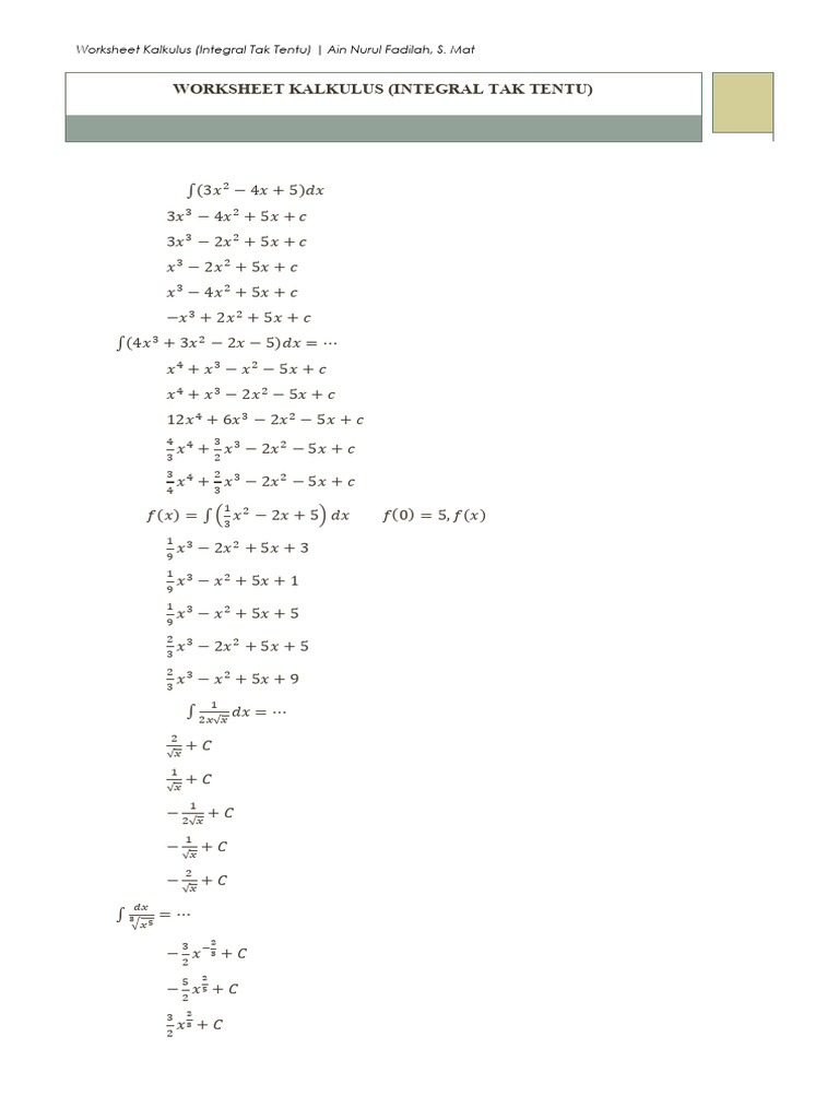 Worksheet Kalkulus Integral Gratis | PDF