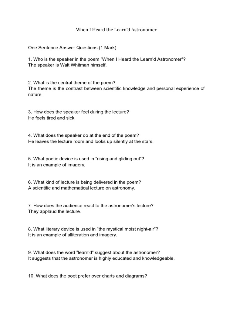 Themes in "When I Heard the Learn'd Astronomer" | PDF | Poetry | Leaves ...