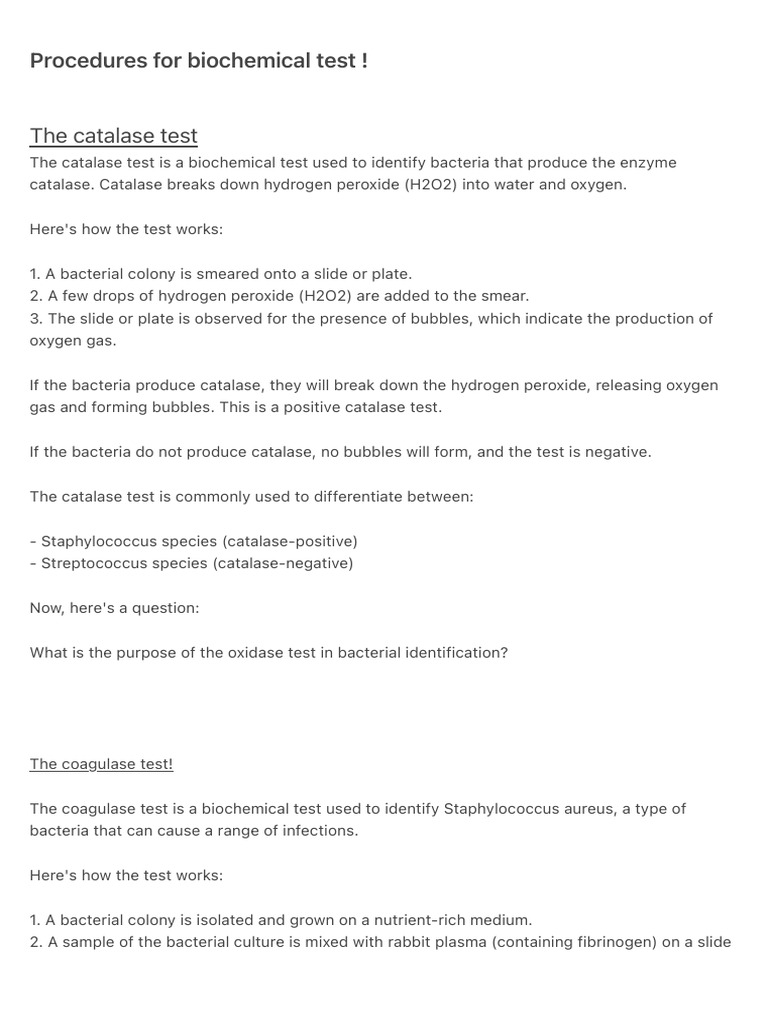 Procedures For Biochemical Test ! | PDF | Catalase | Microbiology