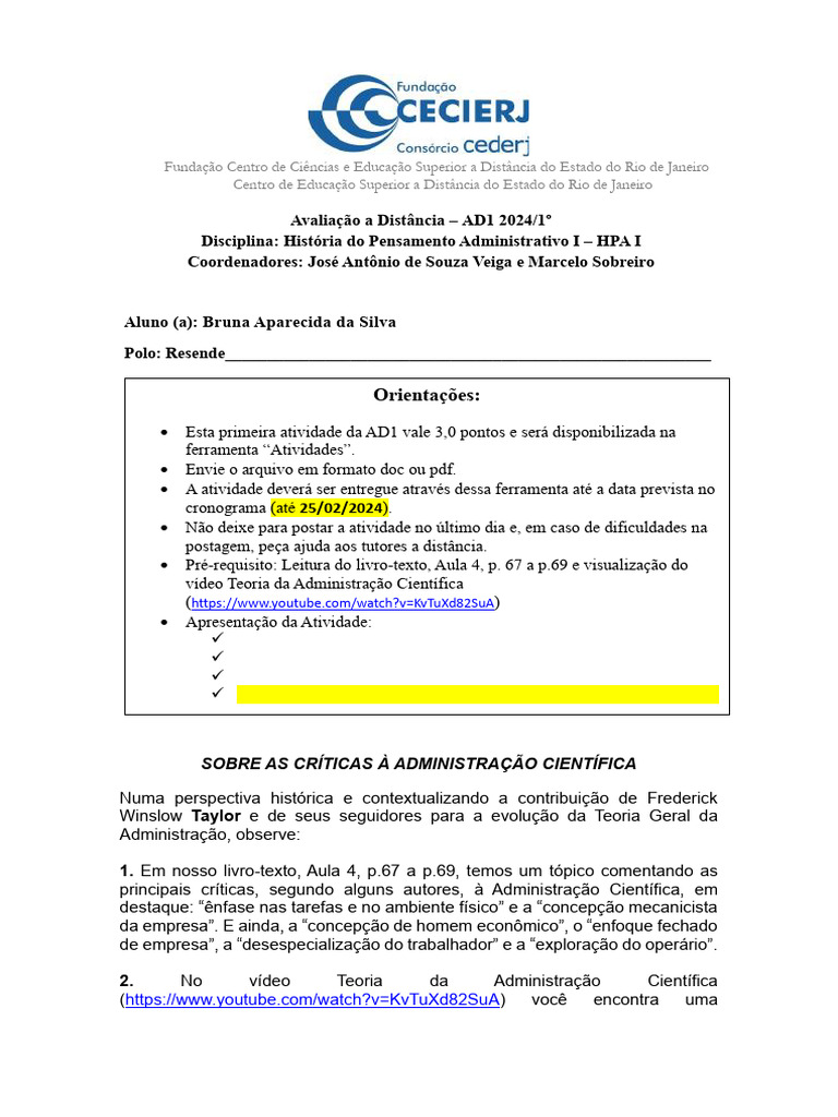 Atividade I da AD1 2024 1º (2) | PDF | Science