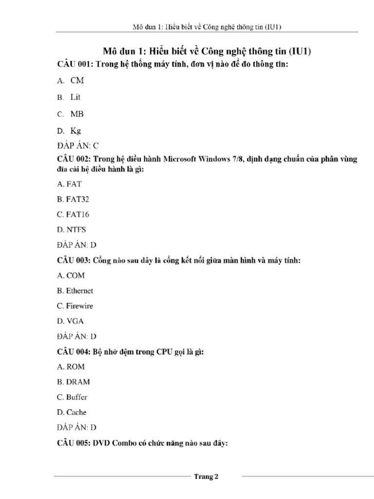 Ngan hang cau hoi trac nghiem Ky nang su dung CNTT co ban | PDF