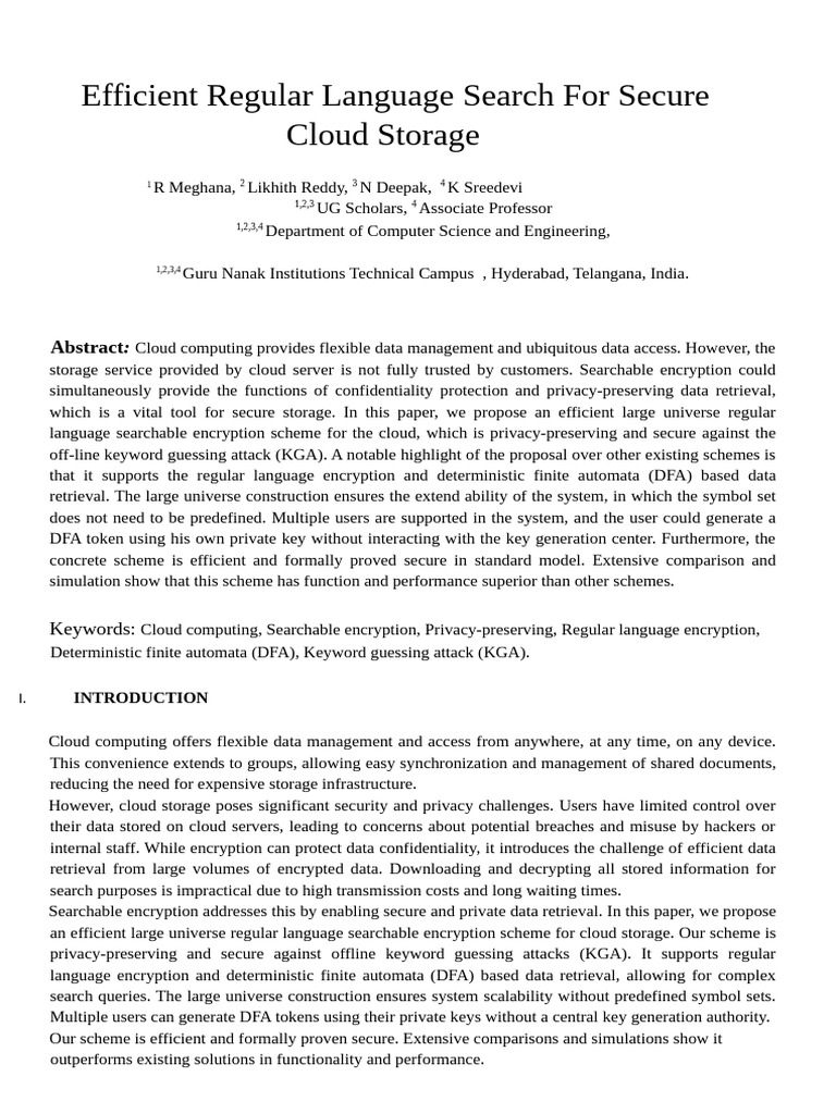 Efficient Regular Language Search For Secure Cloud Storage | PDF | Encryption | Cloud Computing