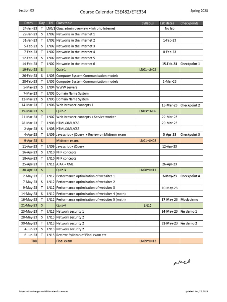 CSE482 ETE334 Course Calendar 2023 Spring Sec 03 | PDF | Ajax (Programming) | Hypertext