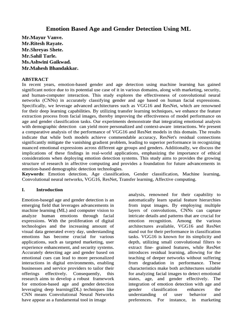 Emotion Based Age And Gender Detection Using Ml Research Paper Iie 1 Pdf Deep Learning