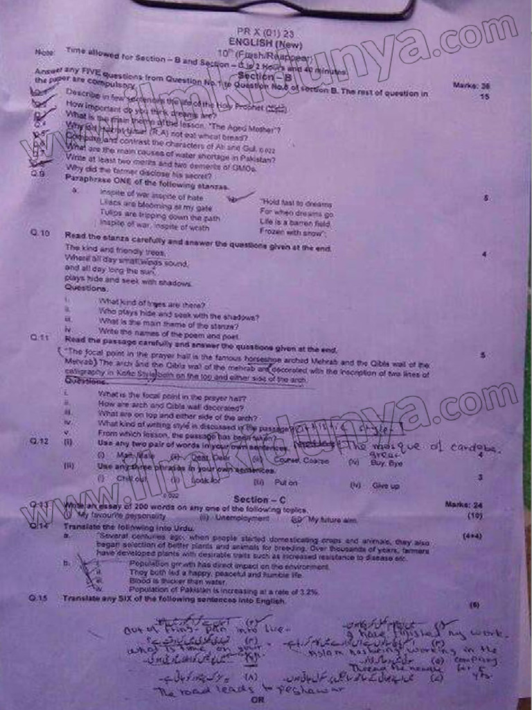 Past Paper 2023 9th Class Peshawar Board English Subjective | PDF