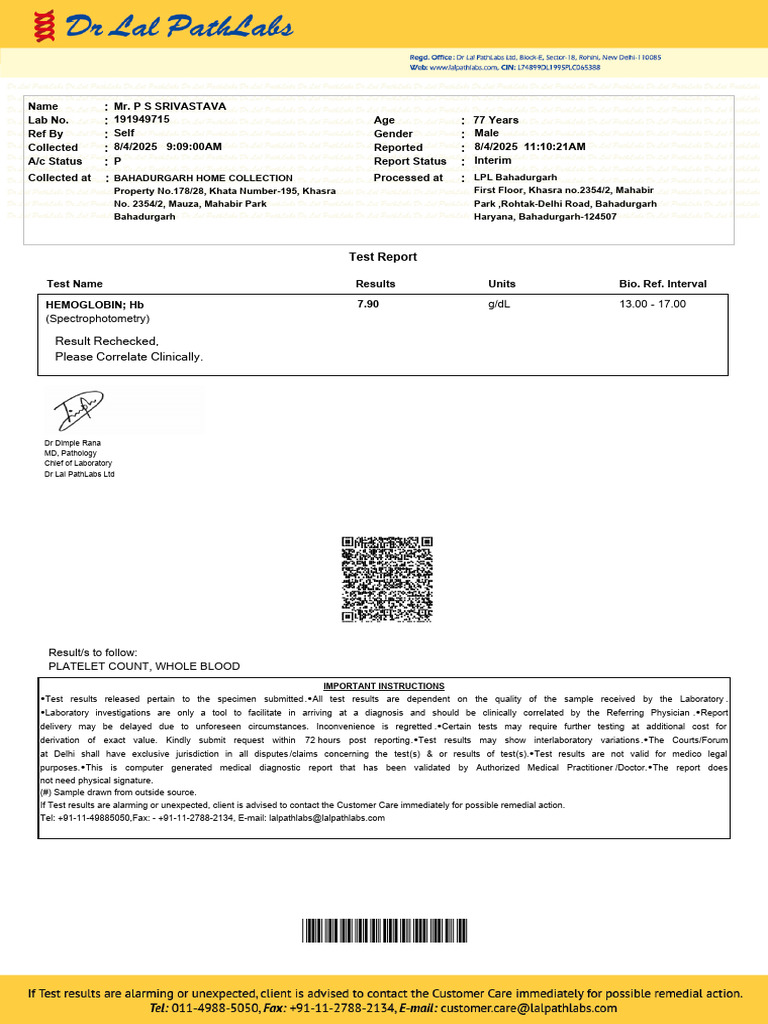 Hemoglobin Test Report for Mr. P Srivastava | PDF | Medicine | Health Care