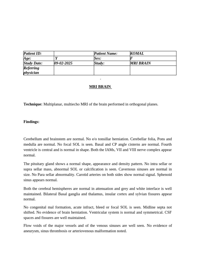 MRI Brain Report for Komal | PDF