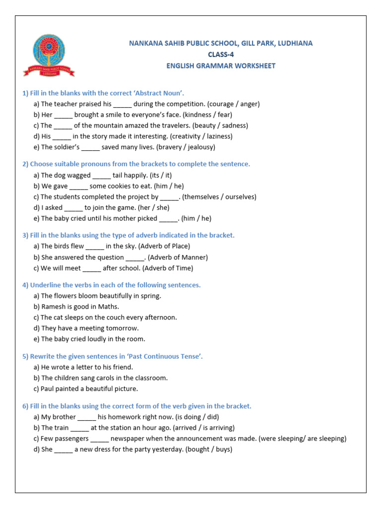 Class4 Grammar Worksheet (1) 250227 171942 | PDF | Adverb | English Grammar