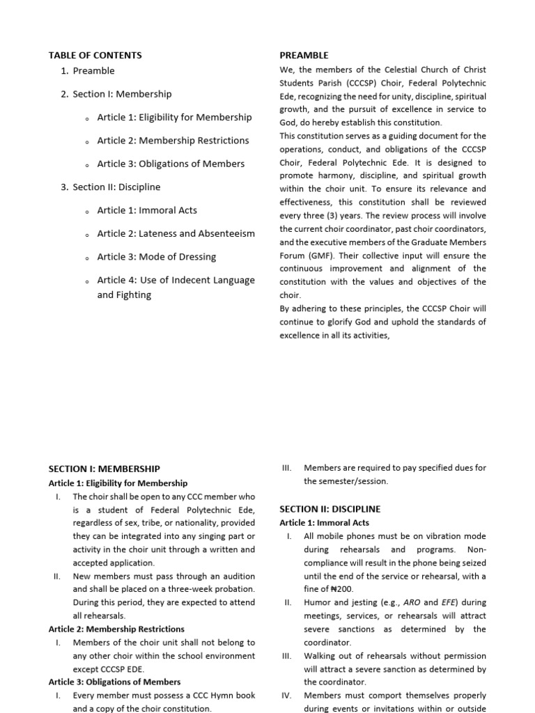 CCCSP Fpe Choir Constitution | PDF | Justice | Crime & Violence