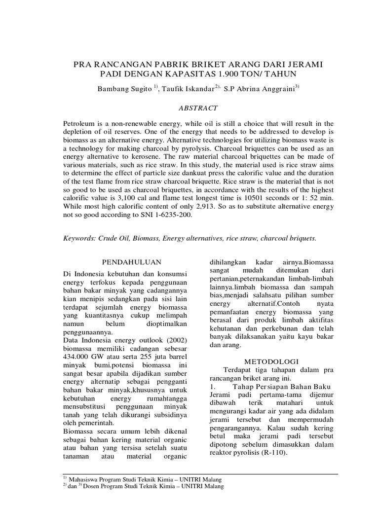 Pra Rancangan Pabrik Briket Arang Dari J | PDF
