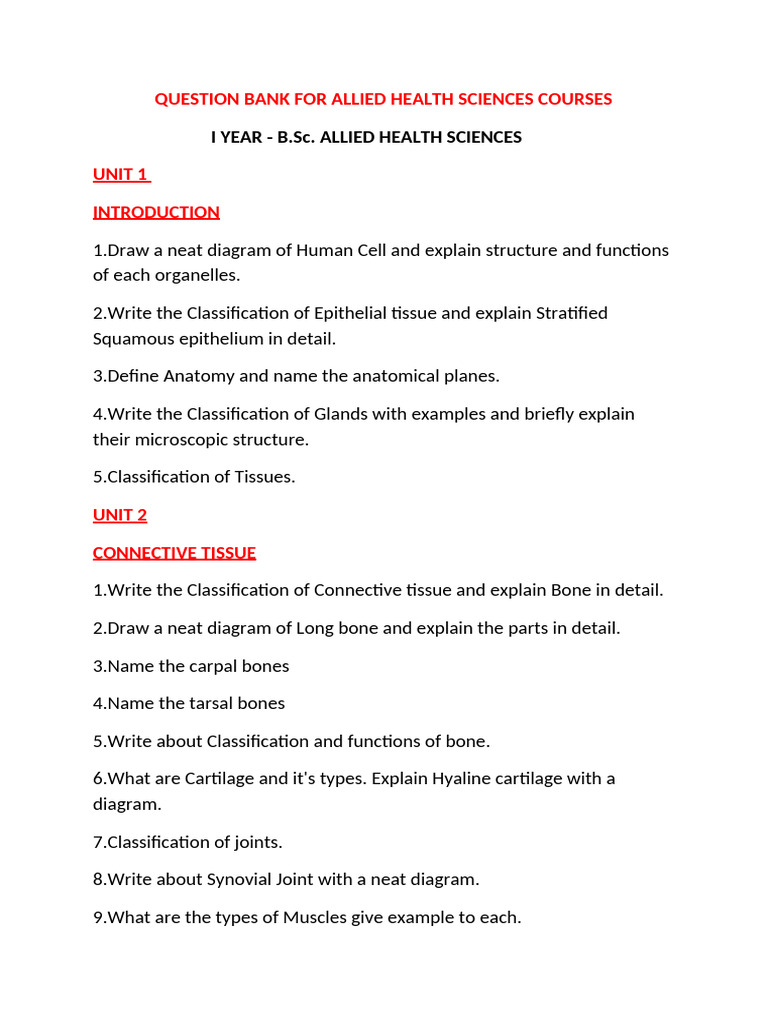 Allied Health Sciences Question Bank | PDF | Human Body | Anatomy