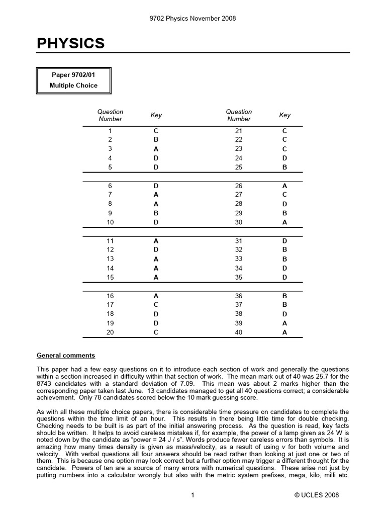 Physics: Paper 9702/01 Multiple Choice | PDF | Photoelectric Effect ...