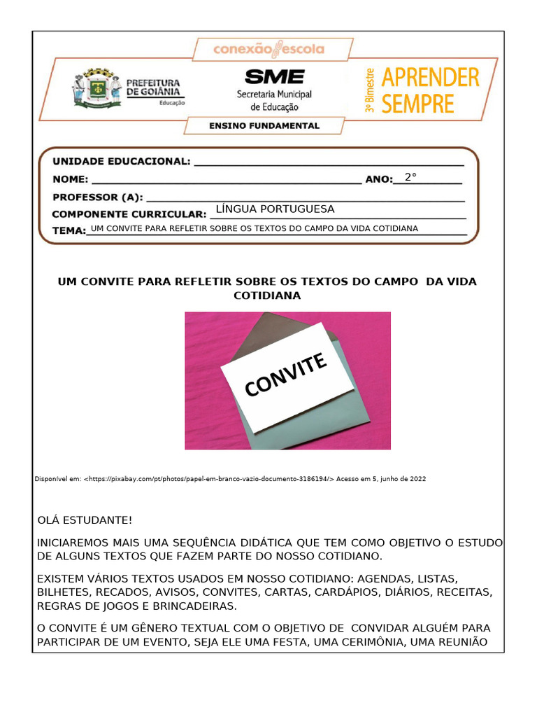 Texto 3 - Um Convite para Refletir Sobre Os Textos Do Campo Da Vida Cotidiana - 2° Ano - Iii ...