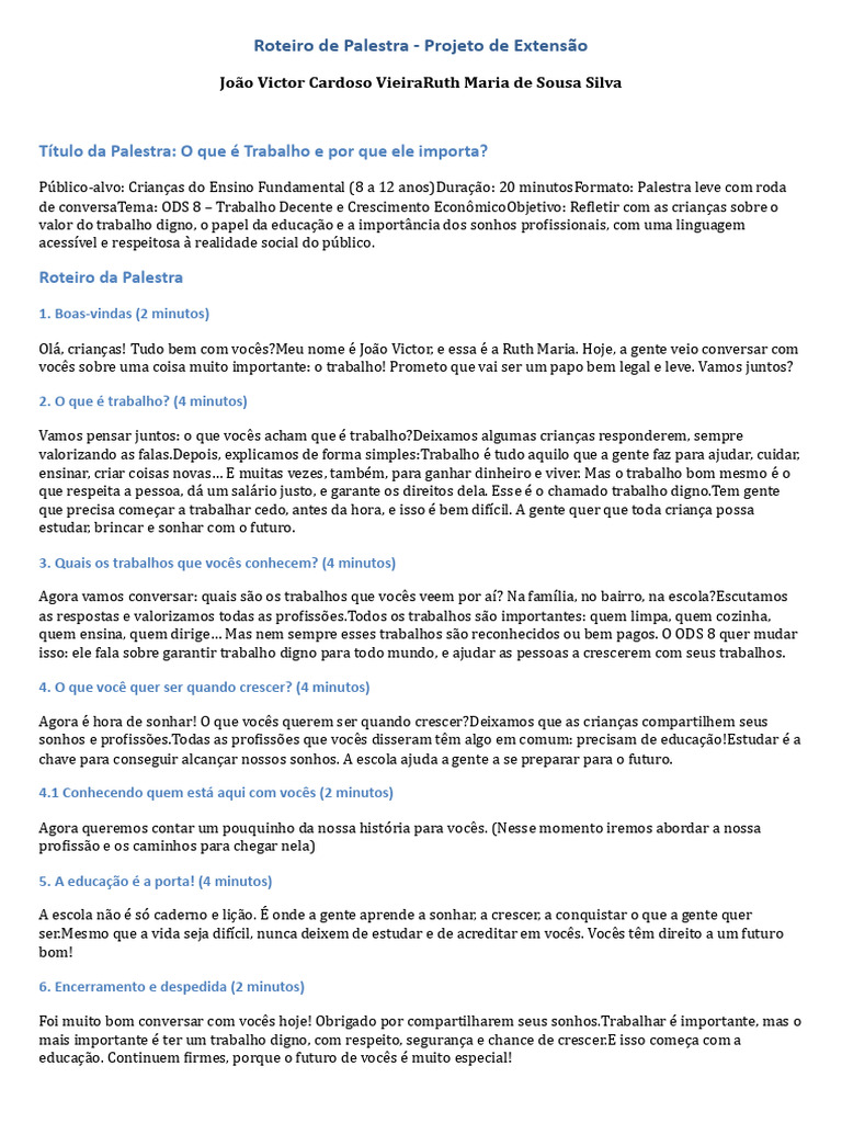 Roteiro Palestra ODS8 Joao Victor e Ruth Maria Completo PDF | PDF | Escolas