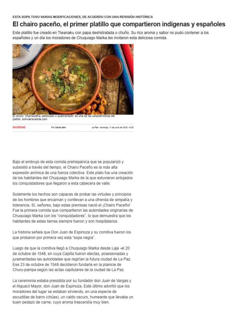 El Chairo Paceño, El Primer Platillo Que Compartieron Indígenas y ...