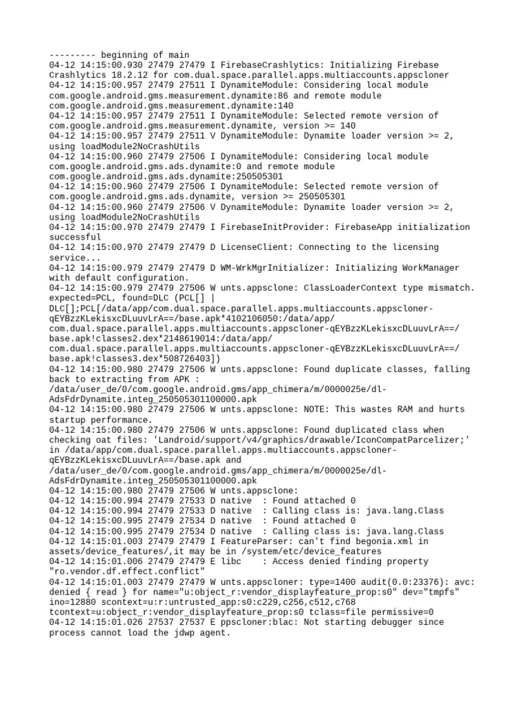 Com.dual.Space.parallel.apps.Multiaccounts.appscloner Logcat | PDF | Android (Operating System ...