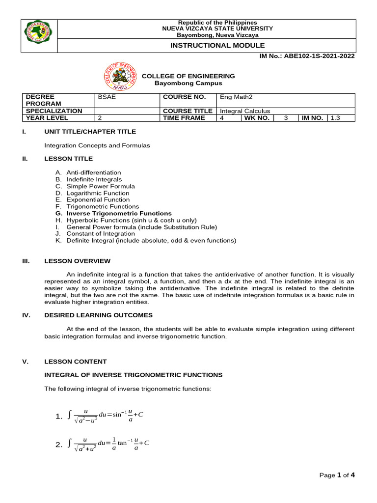 Eng Math 2 - Module 1.3 - Integral of Inverse Trigonometric Function ...