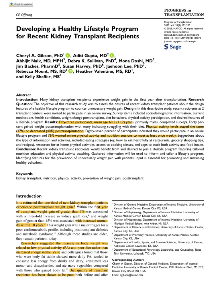Healthy Lifestyle Program for Kidney Transplants | PDF | Obesity | Dieting