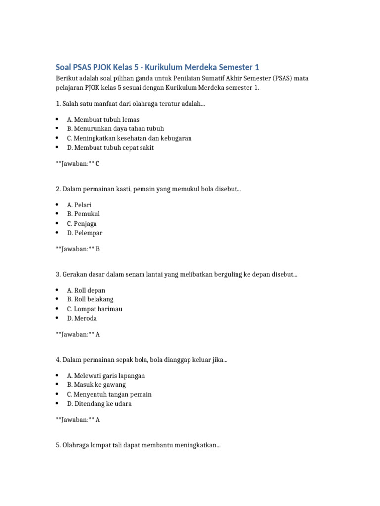 Soal PSAS PJOK Kelas 5 Semester 1 | PDF