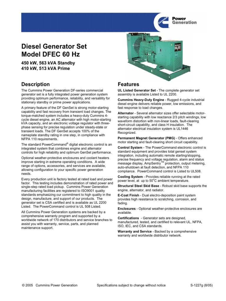 Cummins 450KW DFEC Spec Sheet | PDF | Electric Generator | Engines