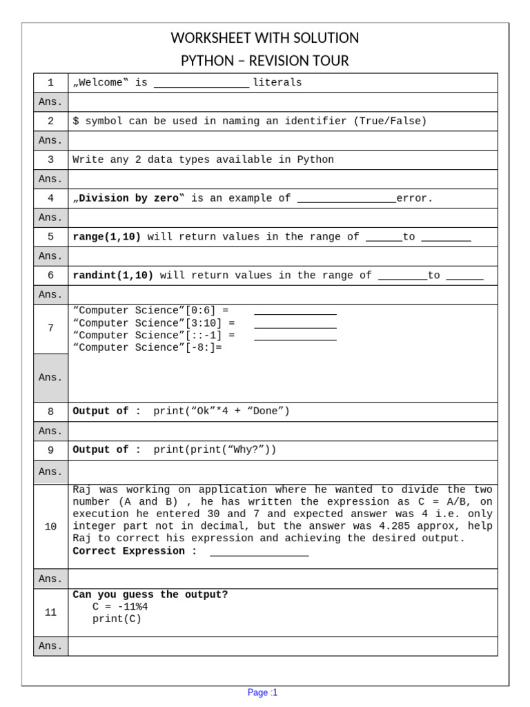 Revision Tour Worksheet | PDF | Python (Programming Language) | Data Type