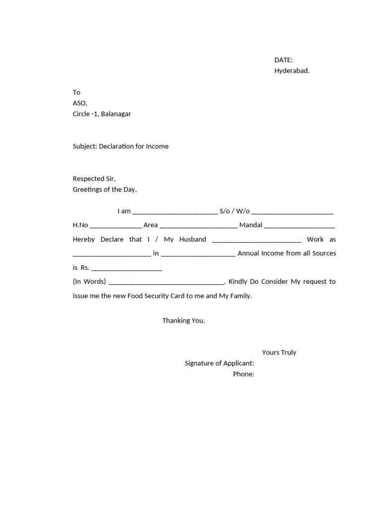 Income Declaration for Food Security Card | PDF