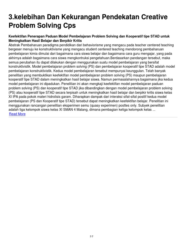 3.kelebihan Dan Kekurangan Pendekatan Creative Problem Solving Cps | PDF