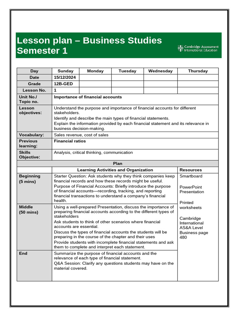 Lesson Plan Grade 12 Week 16 | PDF | Income Statement | Balance Sheet