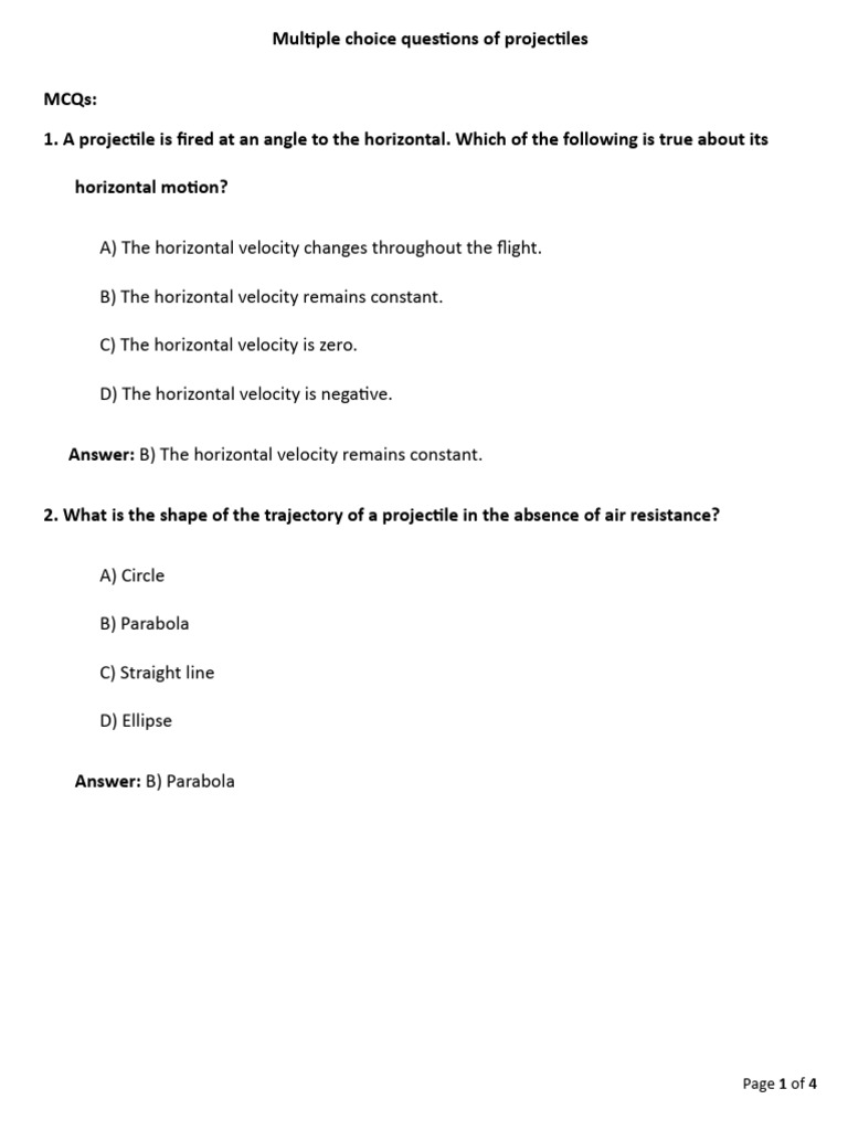 Multiple choice questions of projectiles | PDF | Projectiles | Mechanics