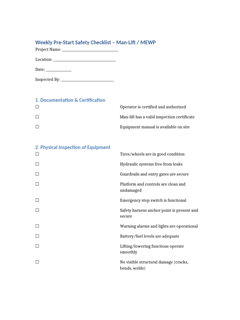 Weekly_Man_Lift_Pre-Start_Checklist | PDF | Occupational Safety And ...