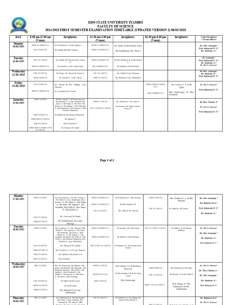 Updated V2 - F.O.S FIRST SEMESTER EXAM TIMETABLE 2024-2025 | PDF