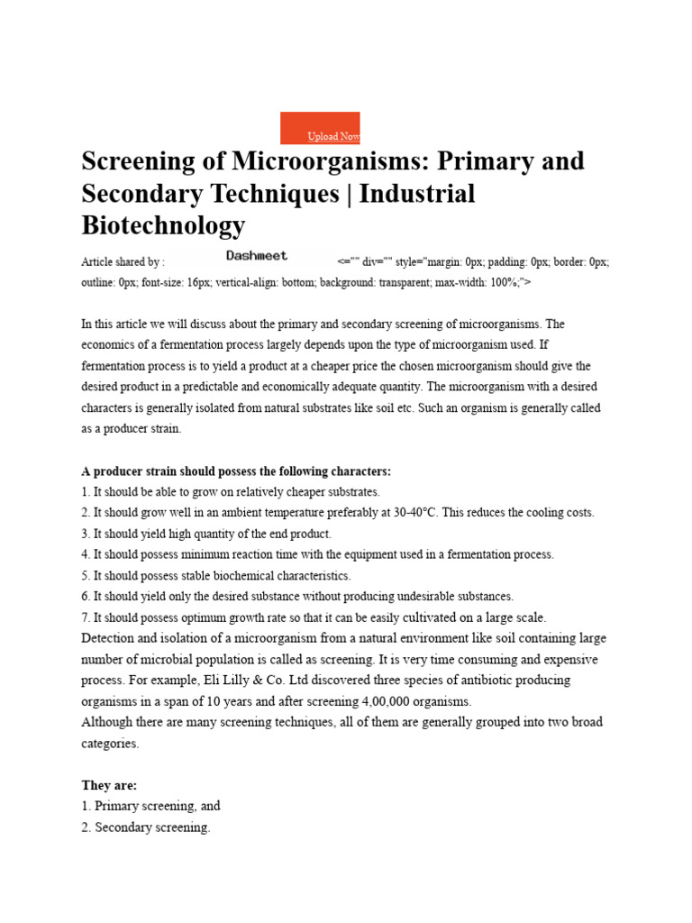 Primary Screening Techniques for Microorganisms | PDF | Growth Medium ...