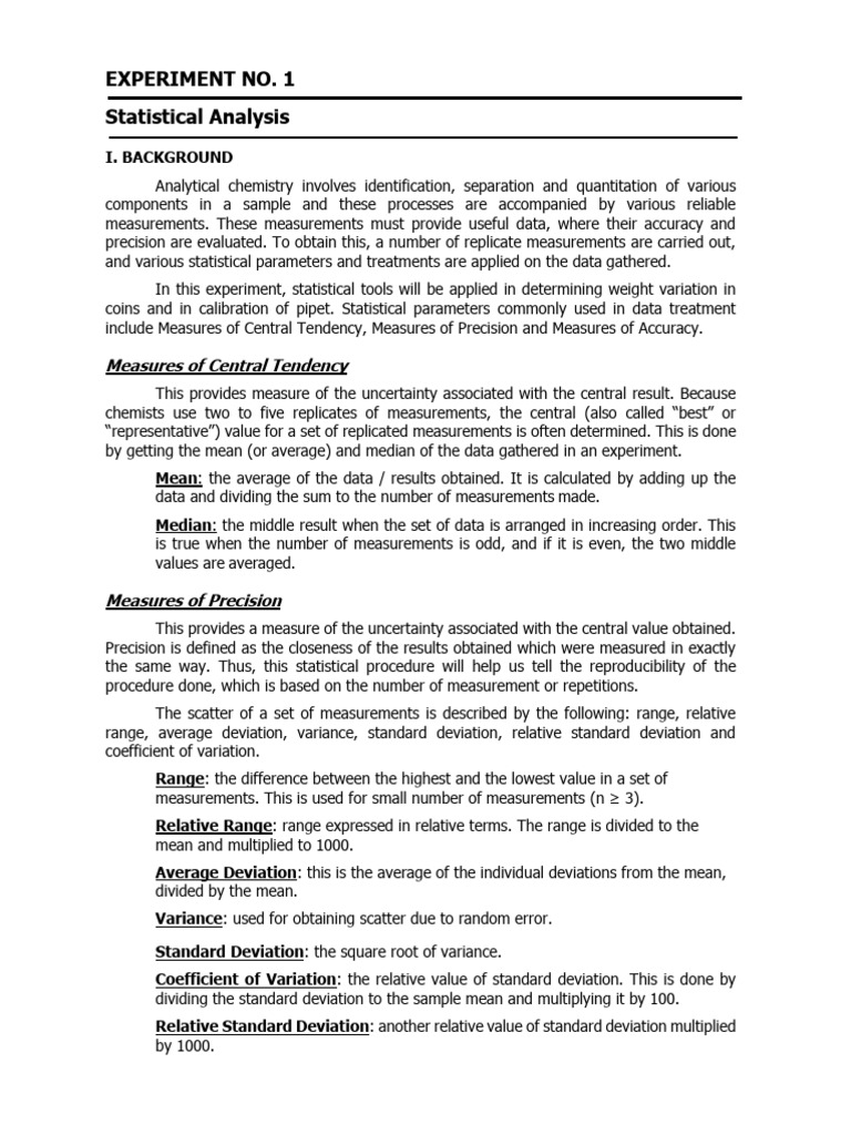 Statistical Analysis in Chemistry Experiment | PDF | Standard Deviation ...