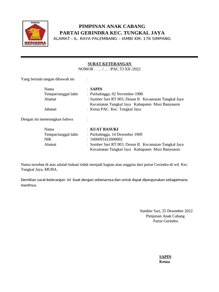 Surat Keterangan Partai Gerindra | PDF
