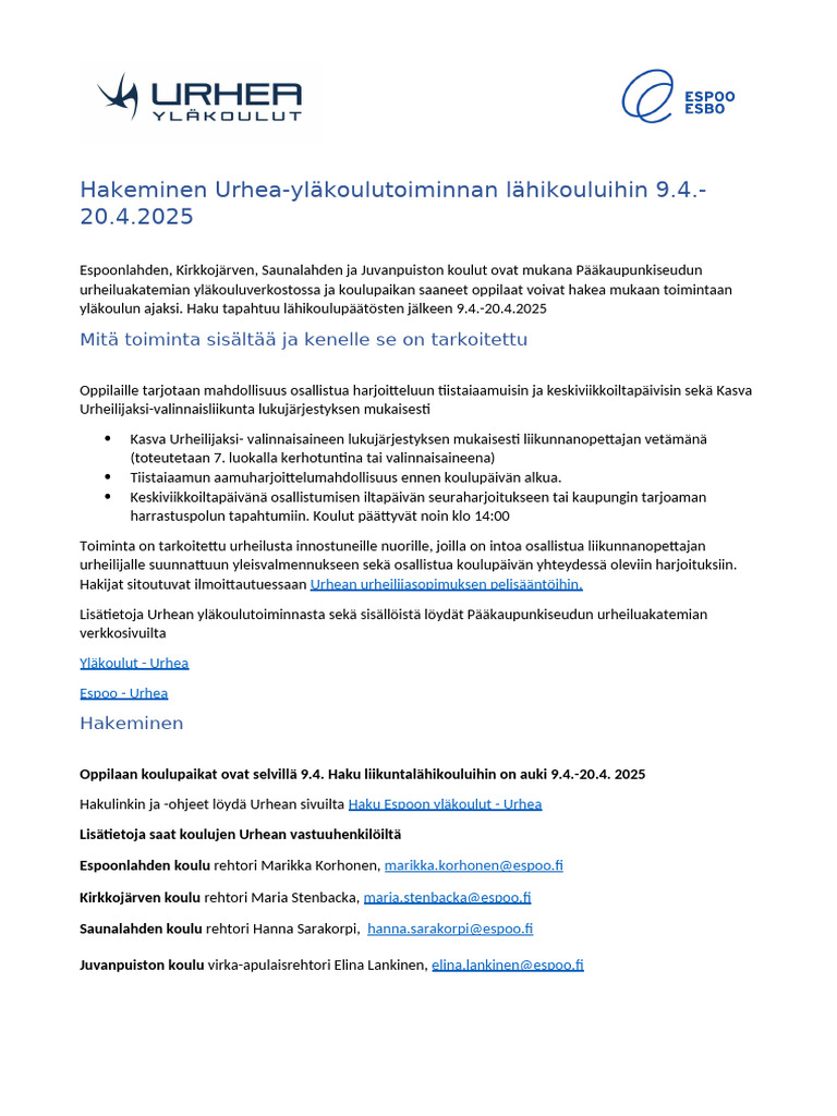Tiedote Kodeille Haku Espoo Liikuntalähikoulut 2025 | PDF