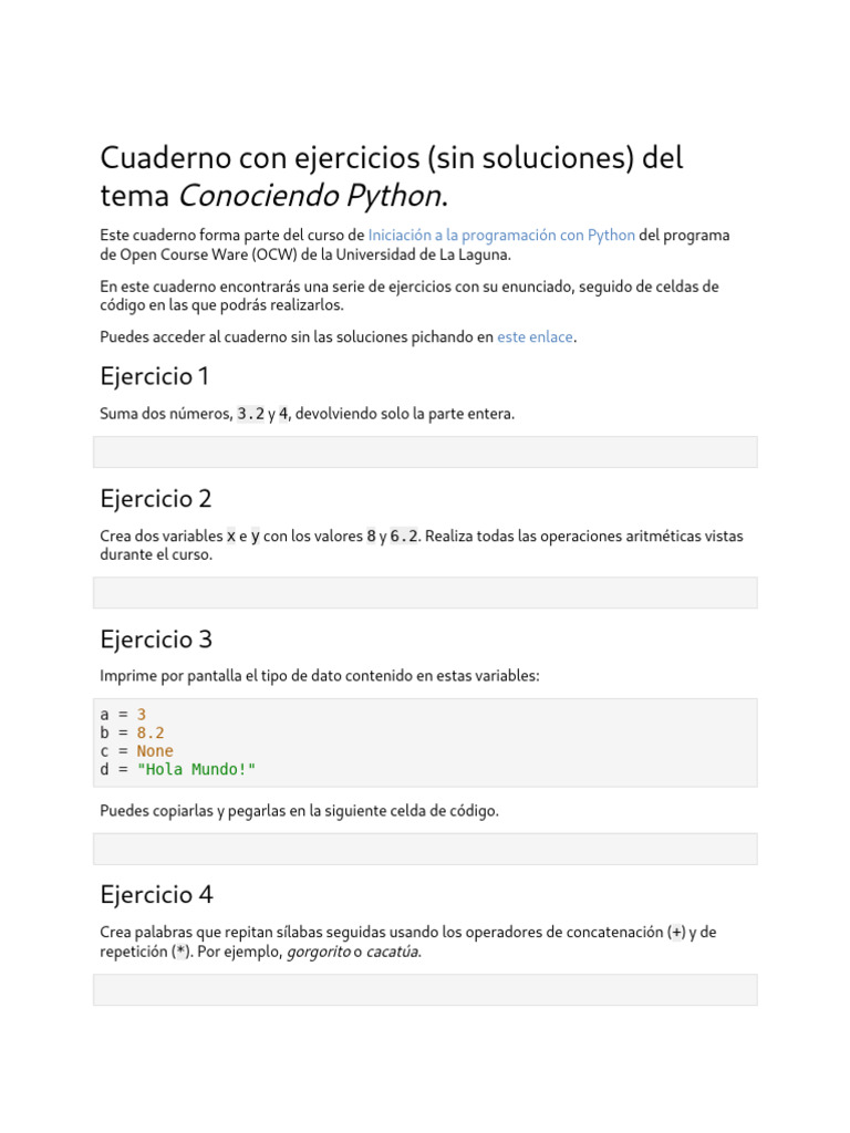 Ejercicios (Sin Soluciones) - Conociendo Python. Iniciación A La Programación Con Python. OCW ...