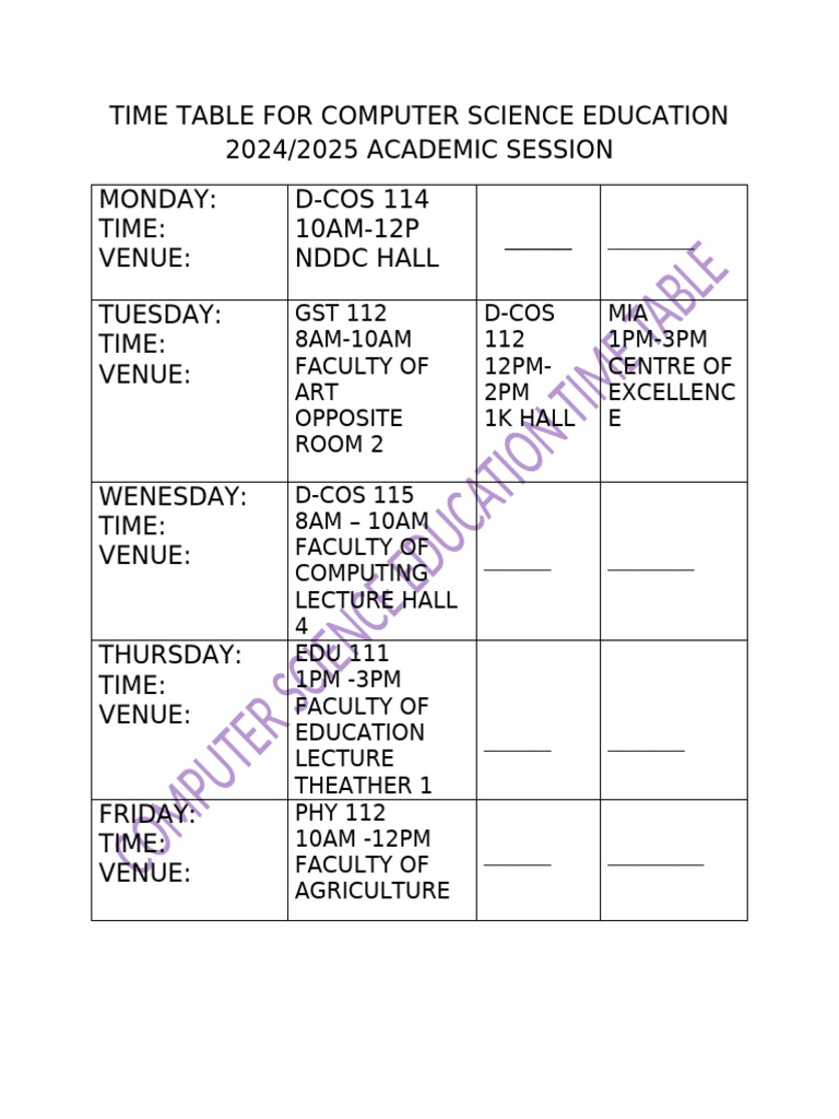 Time Table For Computer Science Education 2024 | PDF