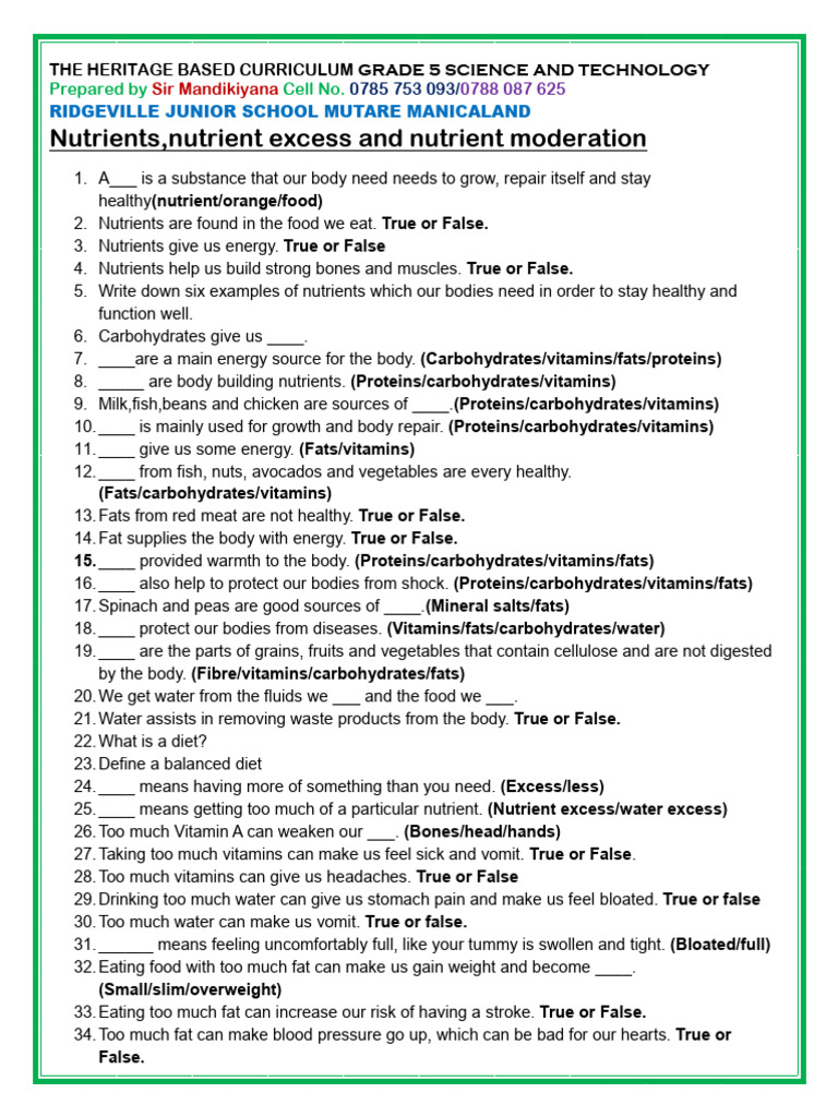 Grade 5 Nutrients, Nutrient Excess and Nutrient Moderation-1 | PDF ...