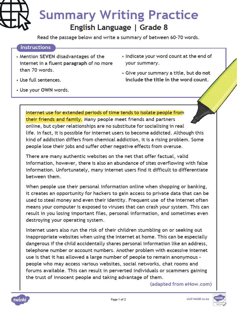 summary-writing-practice-english-hl-grade-8 | PDF | Internet | Information Age